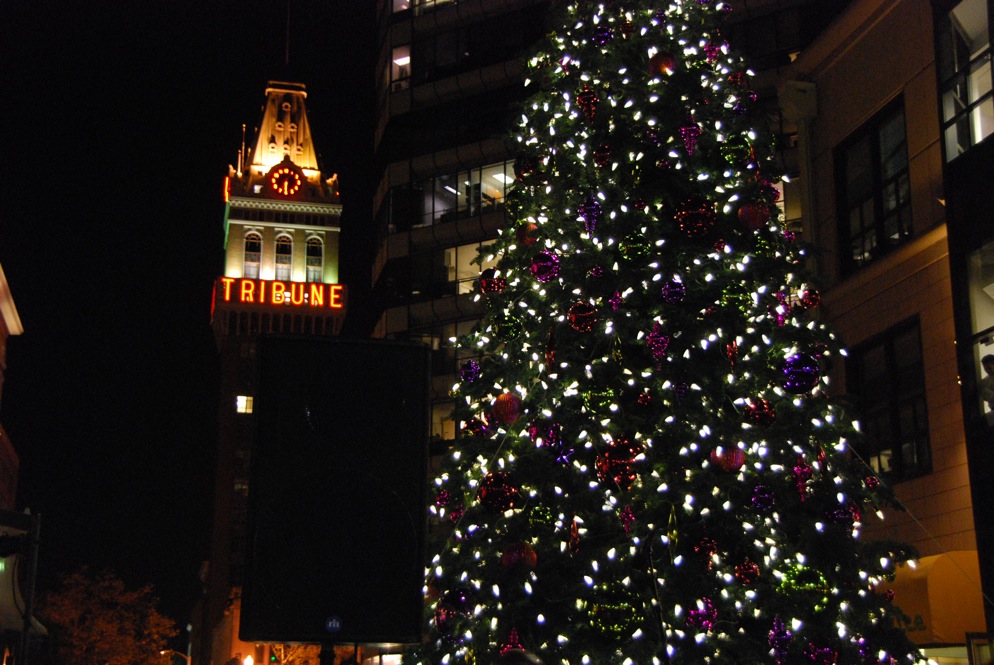 30-foot tree lit up for the holidays in downtown Oakland - Oakland North